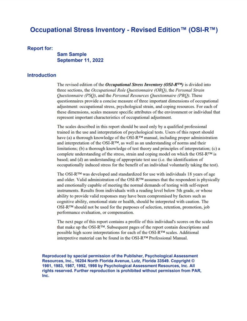 Occupational Stress Inventory – Revised Sample Report - SIGMA ...